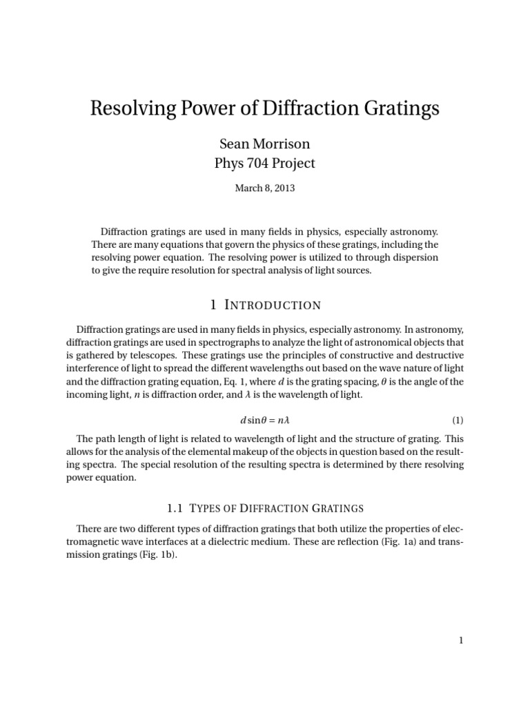 Resolving Power of Diffraction Gratings: Sean Morrison Phys 704 Project | PDF | Diffraction ...