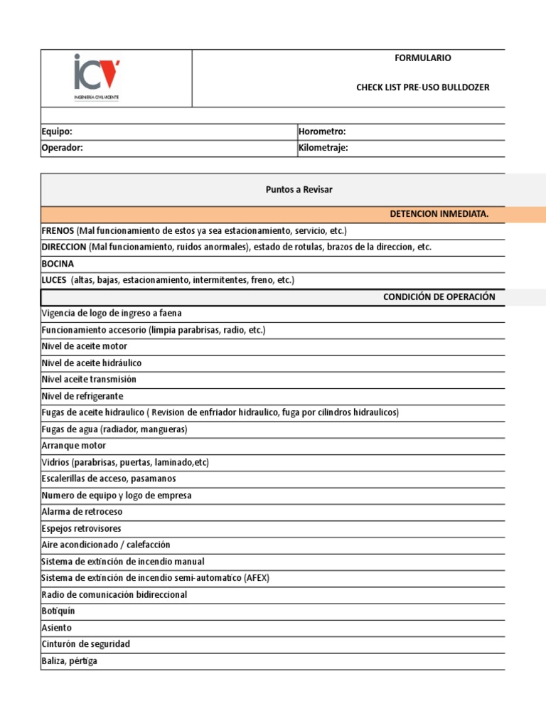 Check List Pre-Uso Bulldozer | PDF | Industria automotriz | Tecnología ...