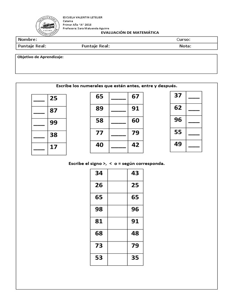 Evaluación Numeracion 0-100 | PDF