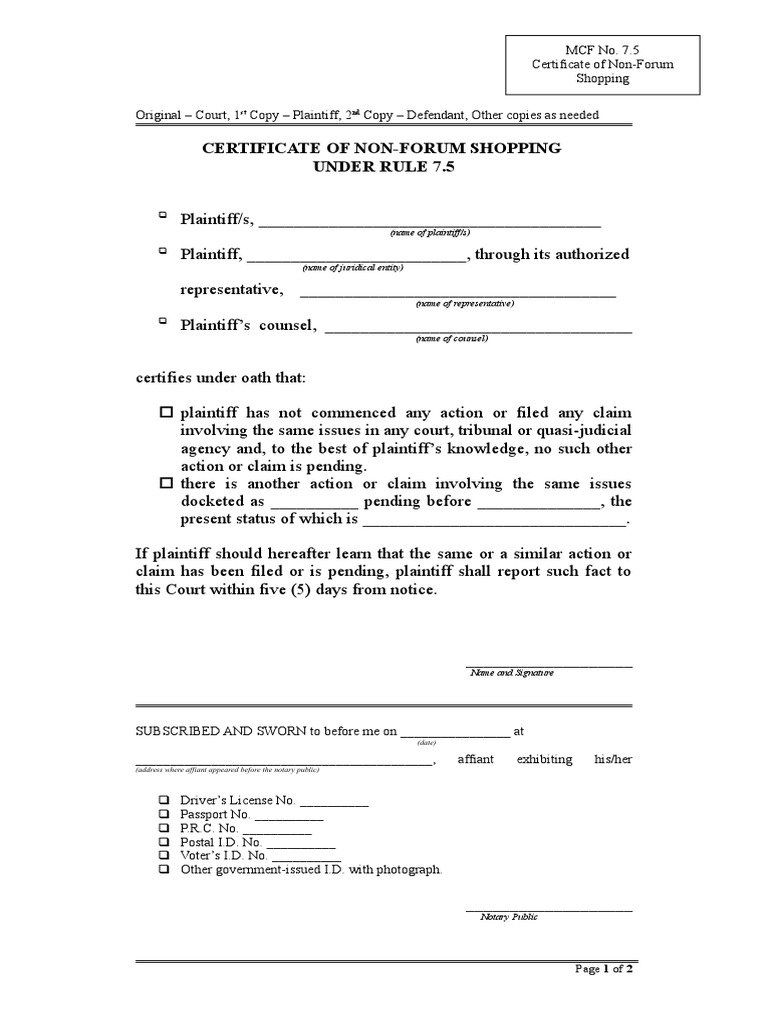 Certificate of Non-Forum Shopping | PDF | Pleading | Prejudice (Legal Term)
