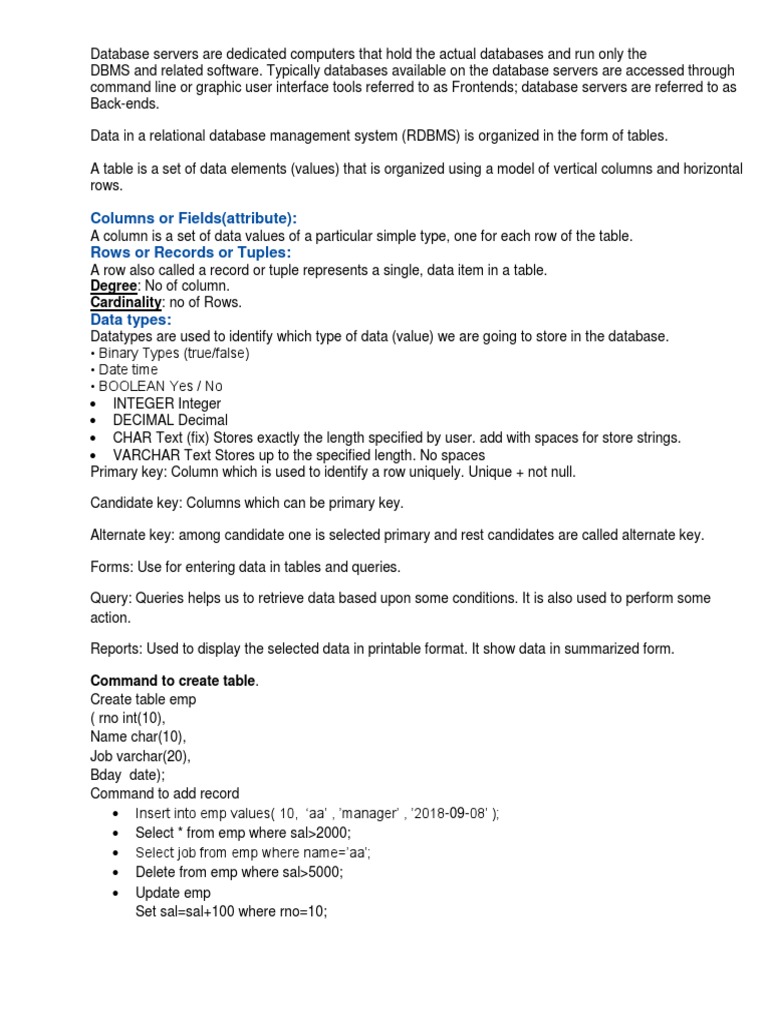 Columns or Fields (Attribute) : Rows or Records or Tuples:: Degree: No ...