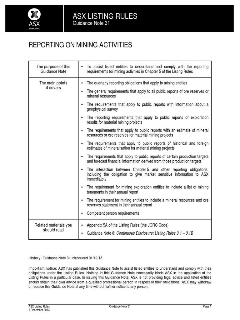 ASX Guidance on Mining Reporting Rules | PDF | Mining | Business