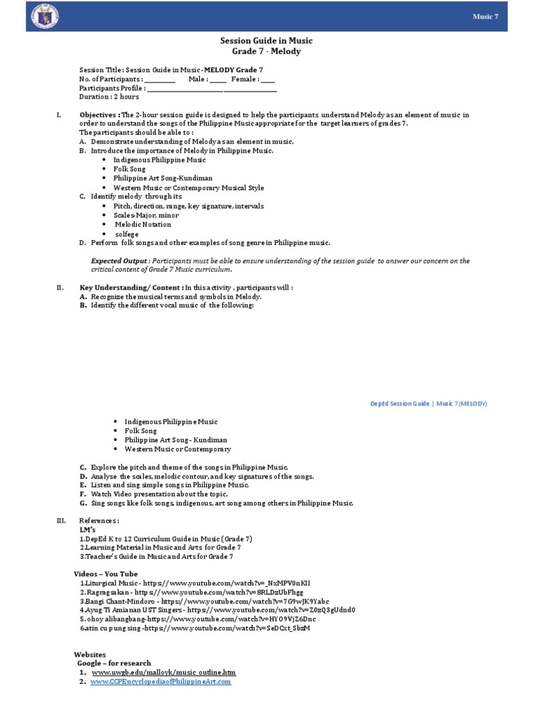 Session Guide Grade 7-Music (Melody) | PDF | Scale (Music) | Musical ...