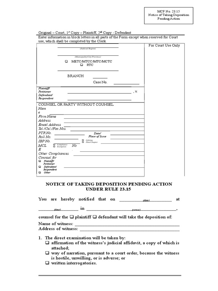 Notice of Taking Deposition Form | PDF | Deposition (Law) | Virtue