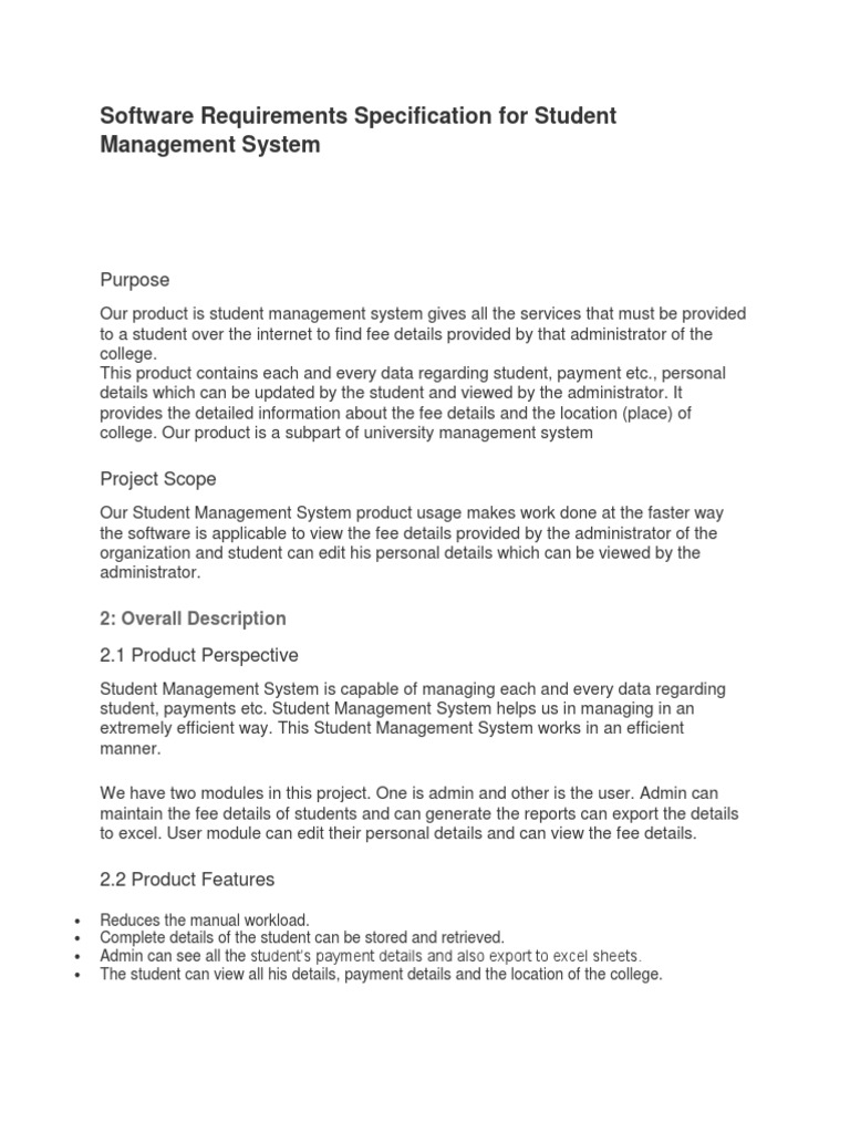 Software Requirements Specification For Student Management System | PDF