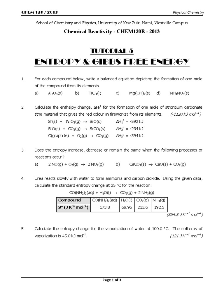 Tutorial 5 - Entropy and Gibbs Free Energy | PDF | Chemical Compounds ...