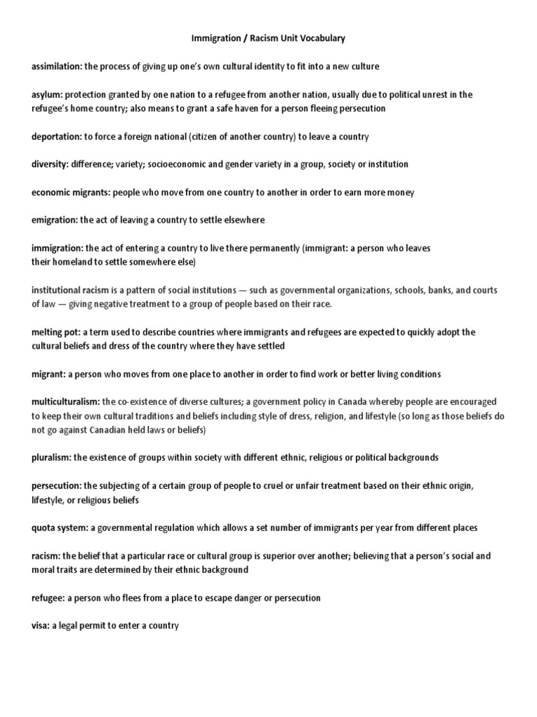 Immigration Vocabulary List | PDF