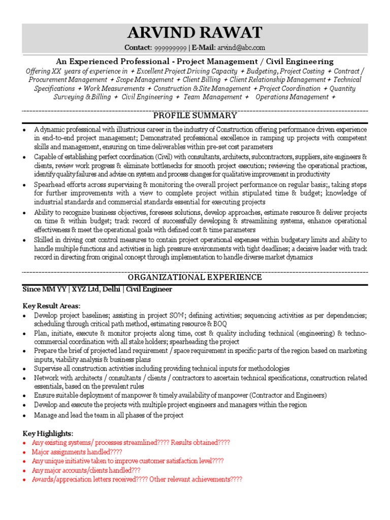 Civil Engineer Project Management Resume | PDF | Project Management ...