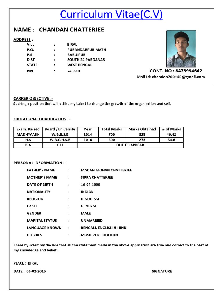 Curriculum Vitae (C.V) : Name: Chandan Chatterjee | PDF