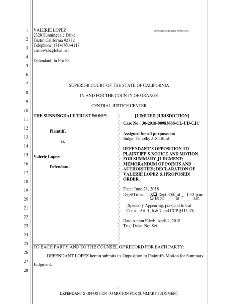 Opp - MSJ-ValerieTempate | PDF | Summary Judgment | Deed Of Trust (Real ...