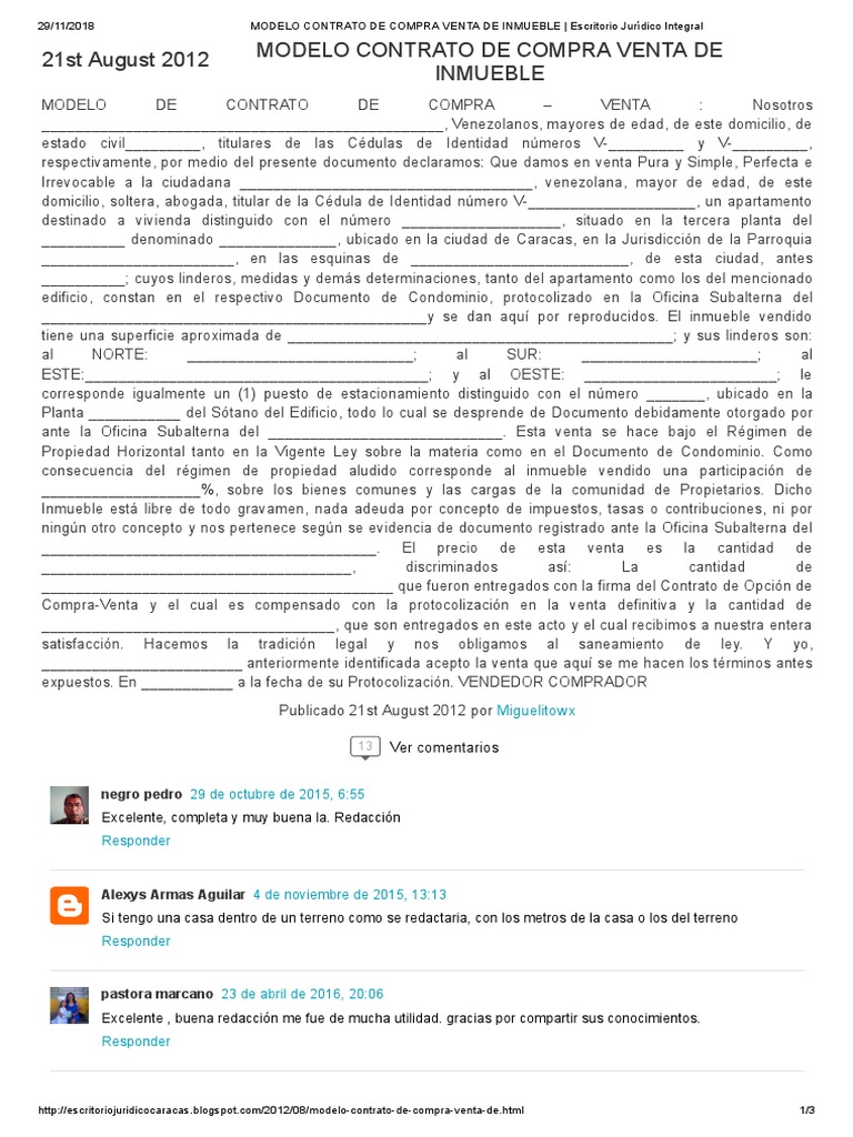 MODELO CONTRATO de COMPRA VENTA de Apartamento - Escritorio Jurídico Integral | PDF | Derecho ...