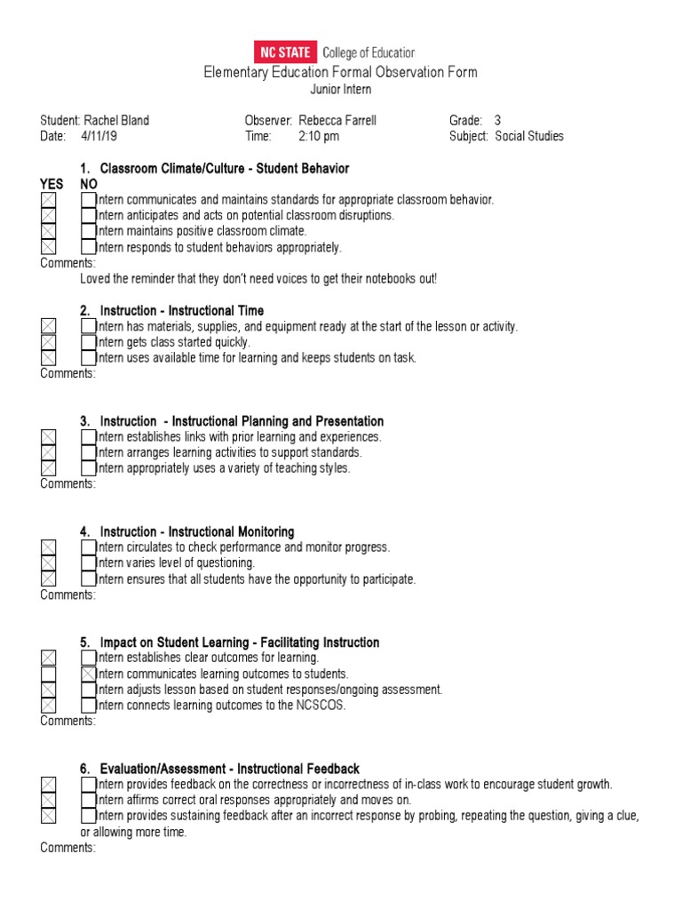 Elm Formal Observation Form Bland Ss | PDF | Teachers | Educational ...