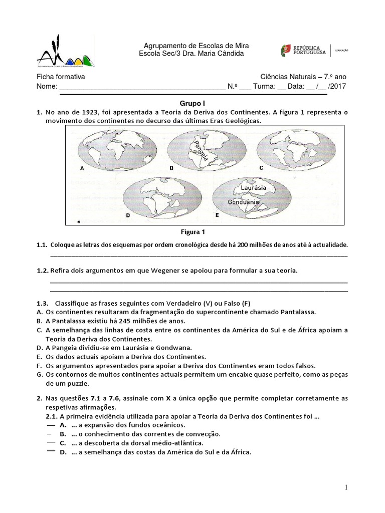 Ficha Formativa - Ciências Naturais - 7º ANO | Continente | Solo Oceânico Ficha Formativa - Ciências Naturais - 7º ANO | Continente | Solo Oceânico
