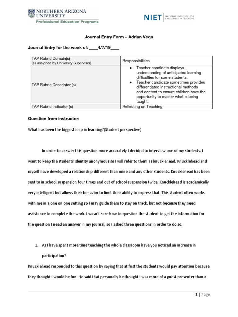 Journal Entry Form - Adrian Vega Journal Entry For The Week Of: - 4/7 ...