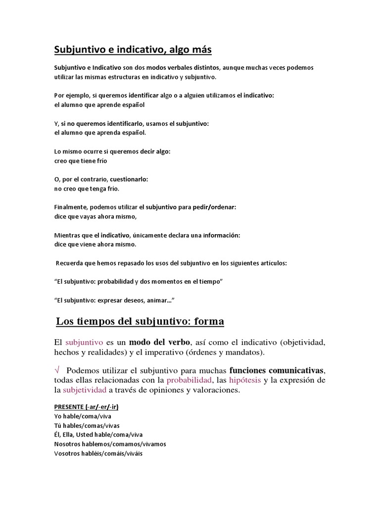 Usos del modo subjuntivo en español | PDF | Relaciones sintácticas ...