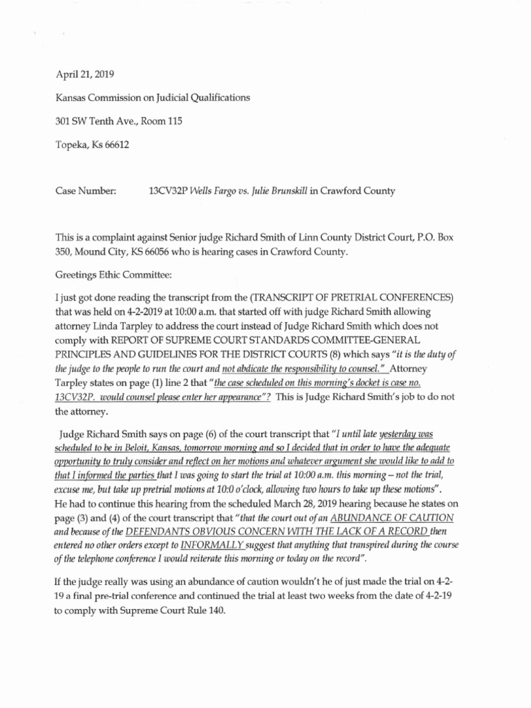 Complaint On Senior Kansas Judge Richard Smith - Kansas Commission On ...