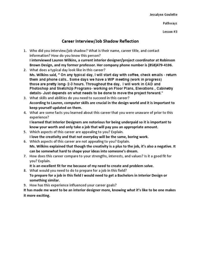 Lesson 3 - Career Interview-Job Shadow Reflection | PDF | Behavioural ...