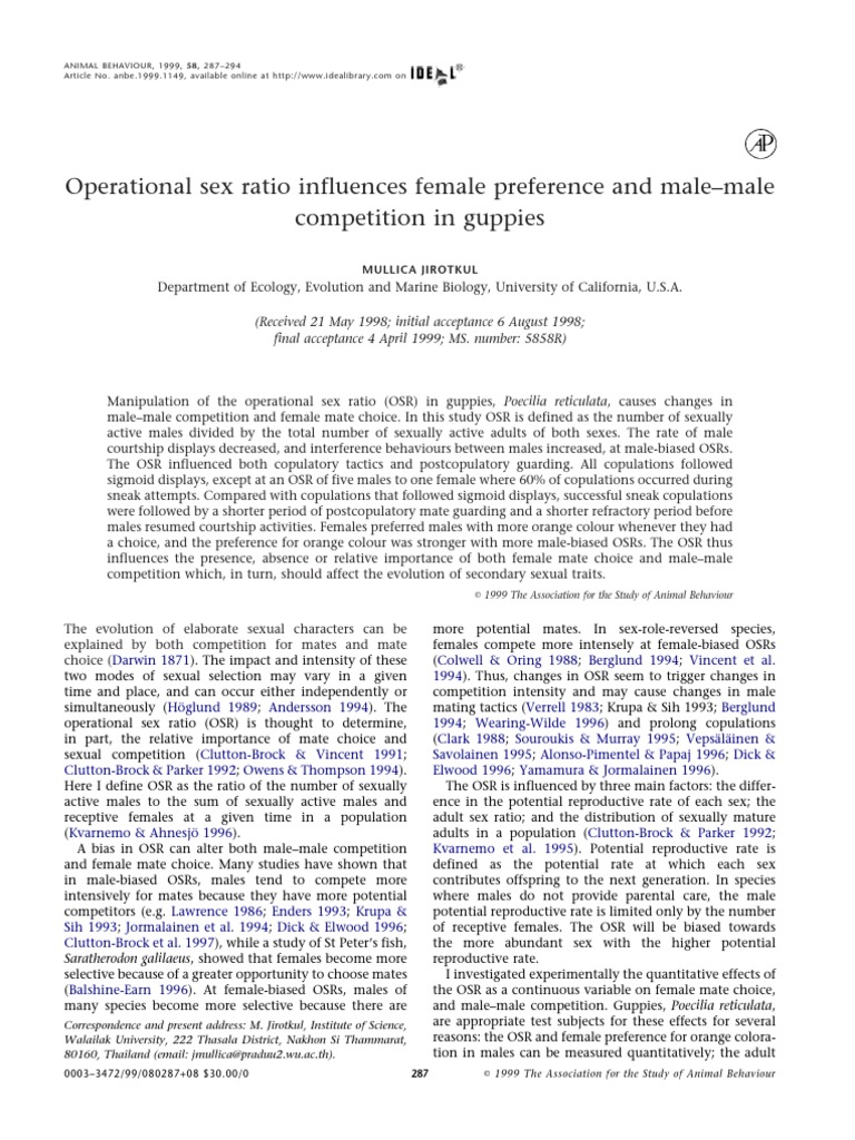 Operational Sex Ratio Influences Female Preference And Male Male