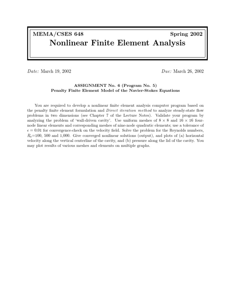 Nonlinear Finite Element Analysis: Mema/Cses 648 Spring 2002 | PDF