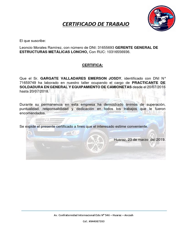 Certificado de Trabajo Estructuras Metalicas Loncho | PDF