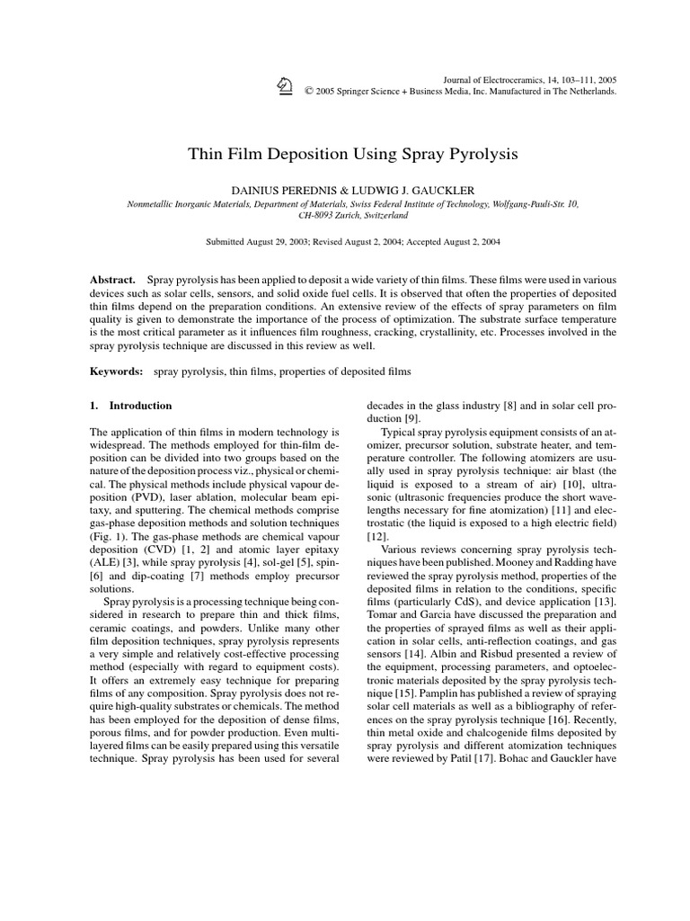 Thin Film Deposition Using Spray Pyrolysis | PDF | Thin Film | Chemical ...