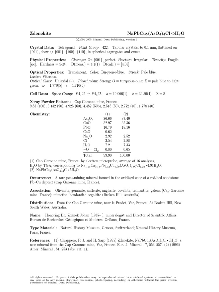 Zdenekite Napbcu (Aso) CL 5H O: Crystal Data | PDF | Classification Of ...