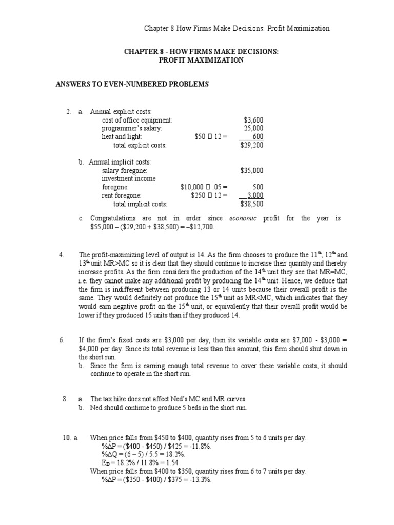 Chapter 8 - How Firms Make Decisions: Profit Maximization Answers To Even-Numbered Problems ...