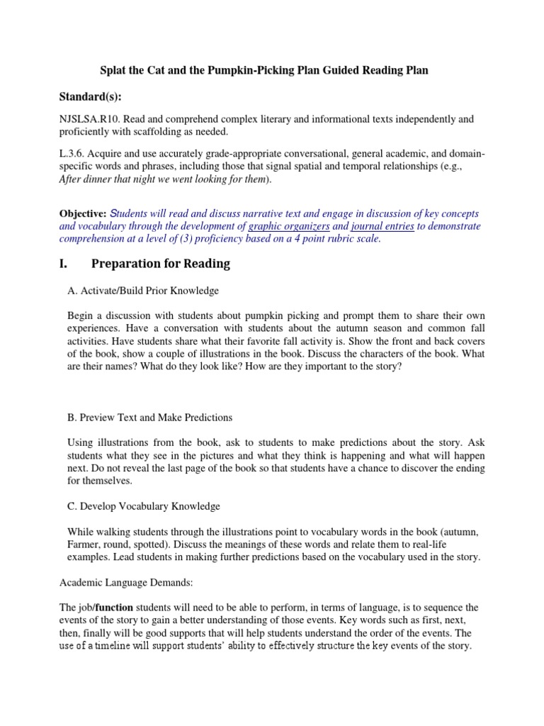 Splat the Cat Pumpkin Picking Guide | PDF | Reading Comprehension ...