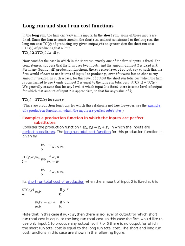 Long Run and Short Run Cost Functions: Example of A Production Function ...