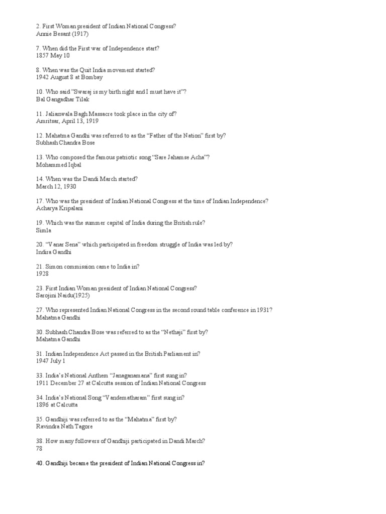 Quiz on India | Indian Independence Movement | Indian National Congress