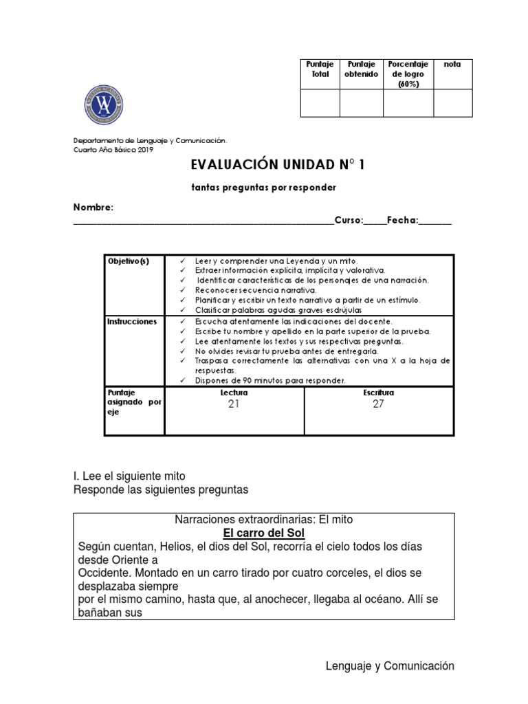 Evaluacion Unidad 1 Lenguaje 4 Basico | PDF | Arco iris | Color