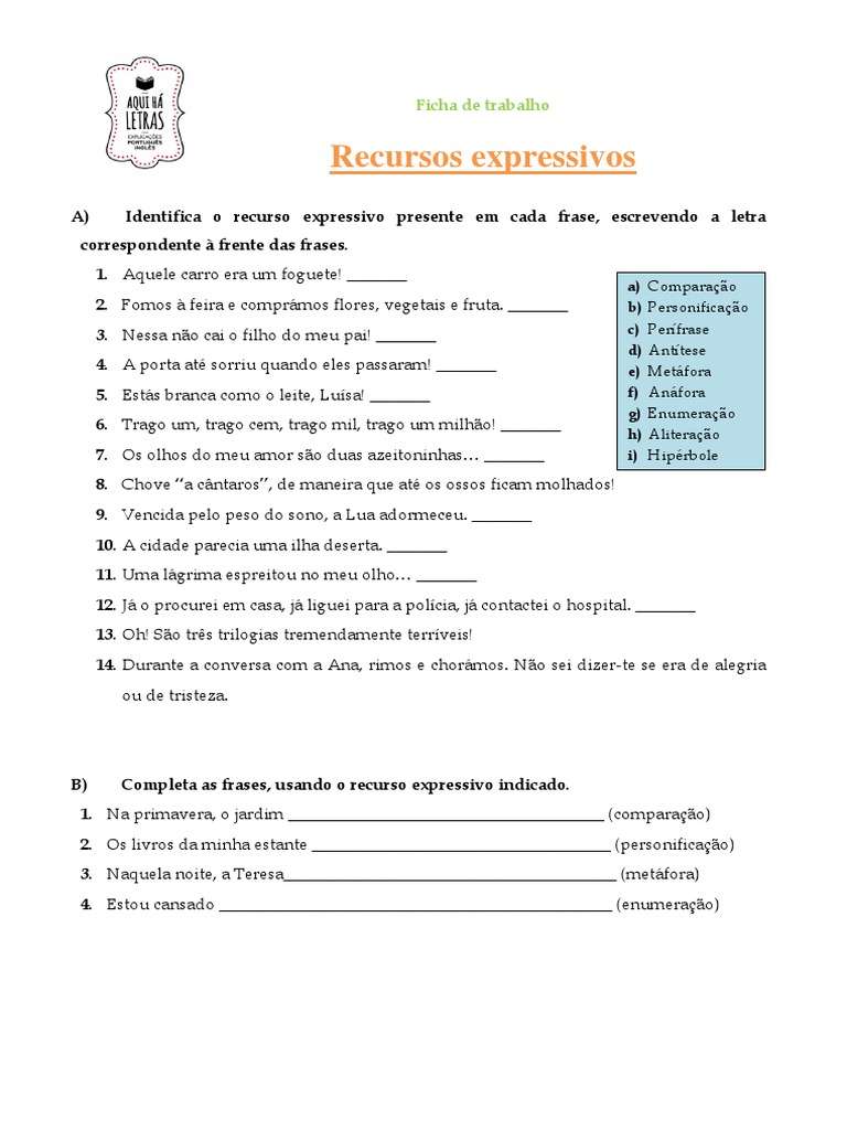 Exercícios sobre Recursos Expressivos | PDF | Artes Linguísticas e ...