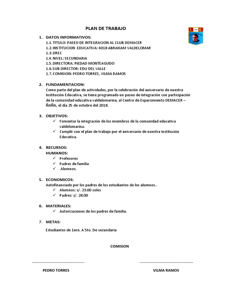 Plan de Trabajo Paseo | PDF