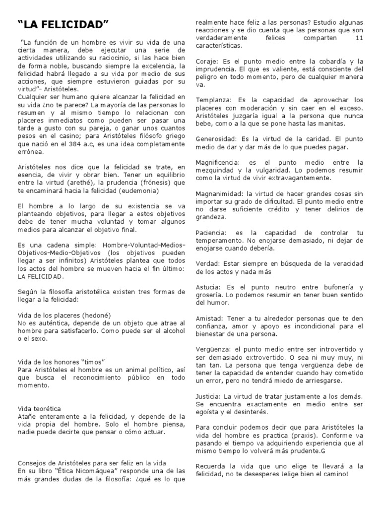 Taller "LA FELICIDAD" | PDF | Felicidad | Aristóteles