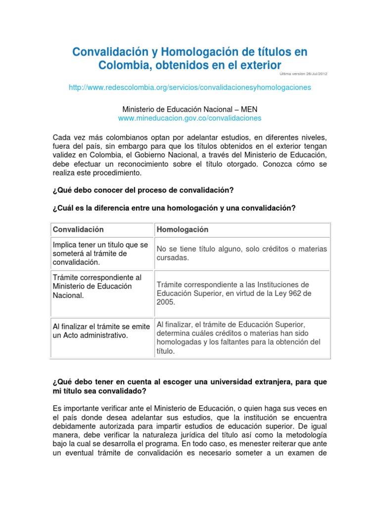 Convalidacion y Homologacion de Titulos en Colombia PDF | PDF | Educación más alta | Colombia