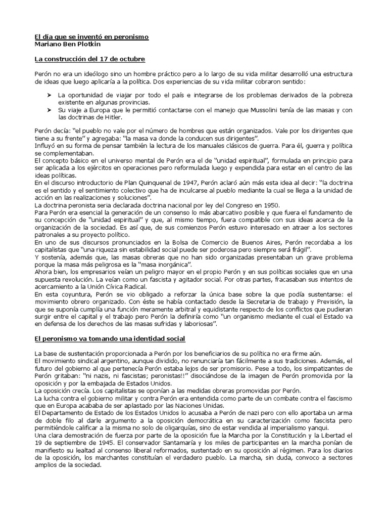 16 - BEN PLOTKIN, Mariano. El Día Que Se Inventó en Peronismo | PDF | Política (general)