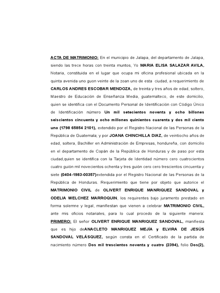 Protocolizacion Acta de Matrimonio 1 | PDF | Matrimonio civil | Guatemala