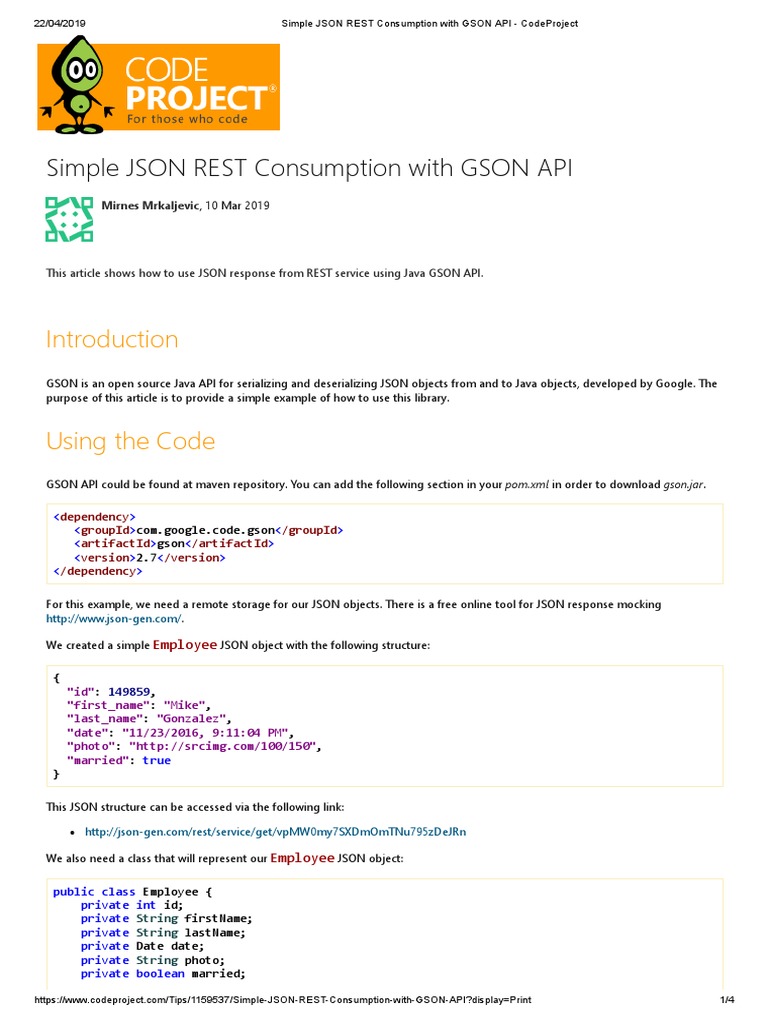Simple Json Rest Consumption With Gson Api Codeproject Pdf Application Programming