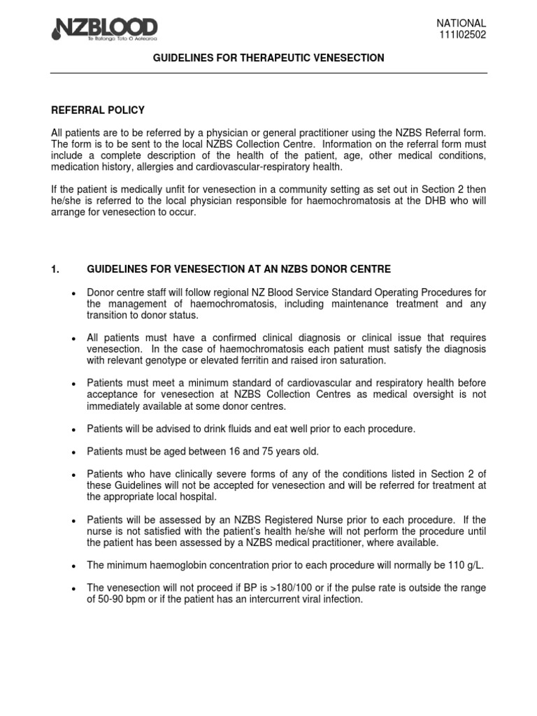 Guidelines for Therapeutic Venesection | Patient | Heart