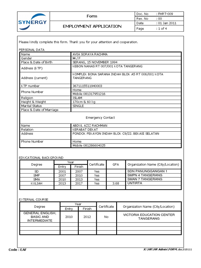 Employment Application Form FHRT-009 | PDF | Family | Social Institutions