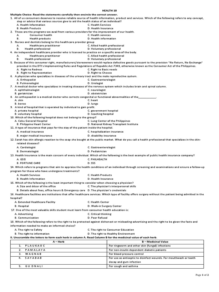 Mapeh 10 1st Periodical Test | PDF | Health Professional | Health Care