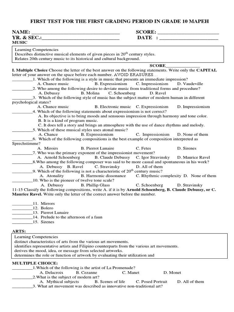 MAPEH 10 TEST FOR THE FIRST GRADING PERIOD IN Grade 10 MAPEH (16-17 ...
