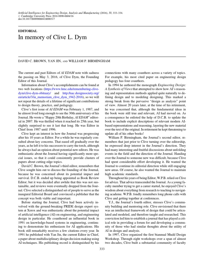 In Memory of Clive L Dym | PDF | Artificial Intelligence | Intelligence ...