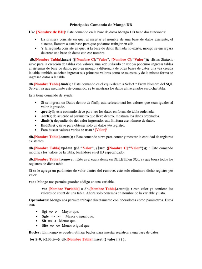 Principales comandos y funcionalidades de MongoDB | PDF | Tabla (base de datos) | SQL
