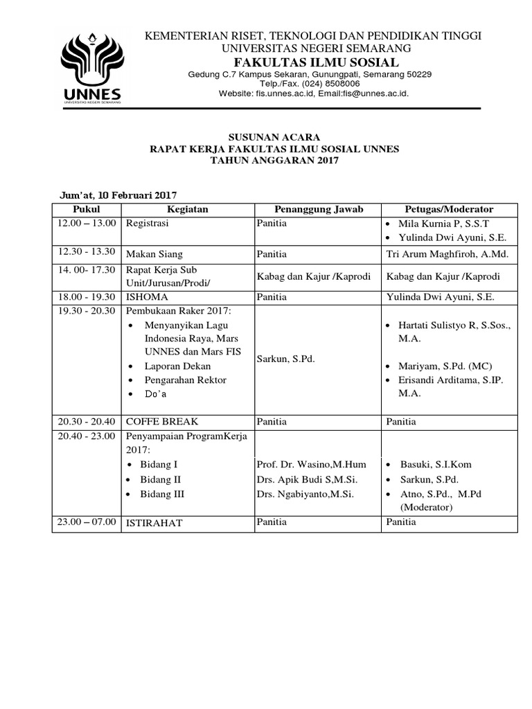 Susunan Acara Raker FIS UNNES 2017 | PDF