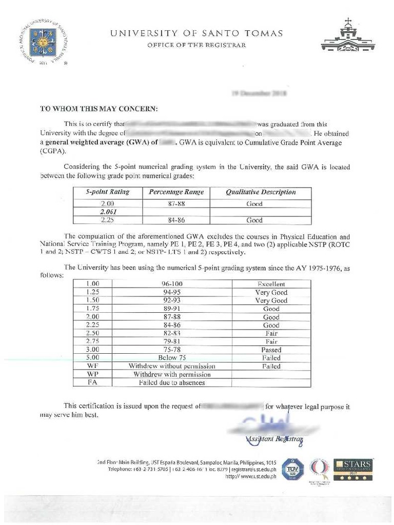 Sample Certifications of GPA or GWA - Various Universities PDF | PDF