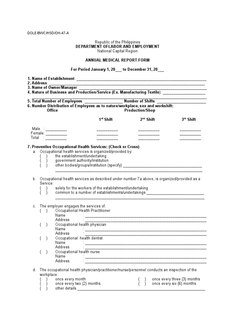 Annual DOLE Report Form | PDF | Physical Examination | Occupational ...