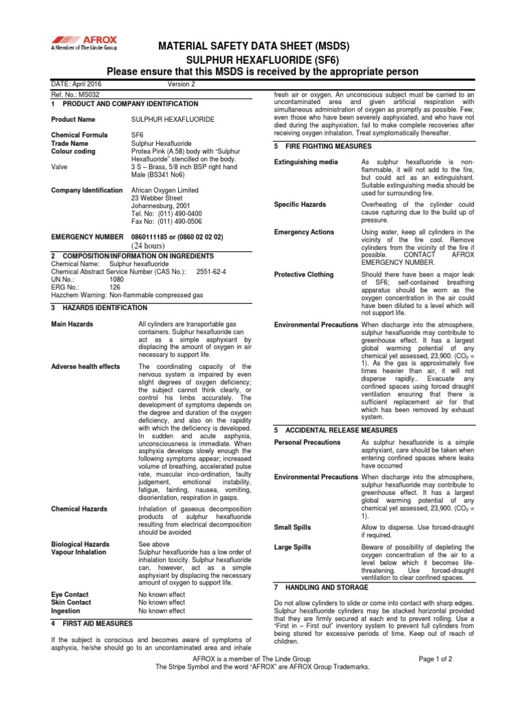 MSDS SF6 | PDF | Gases | Physical Sciences
