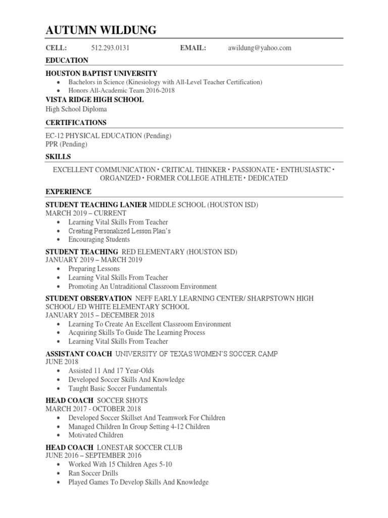 Autumn Wildung Resume Final Student Teaching | PDF