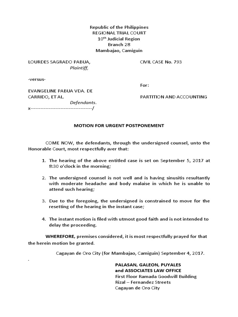 Motion For Postponement (Pabua) | PDF | Common Law | Judiciaries